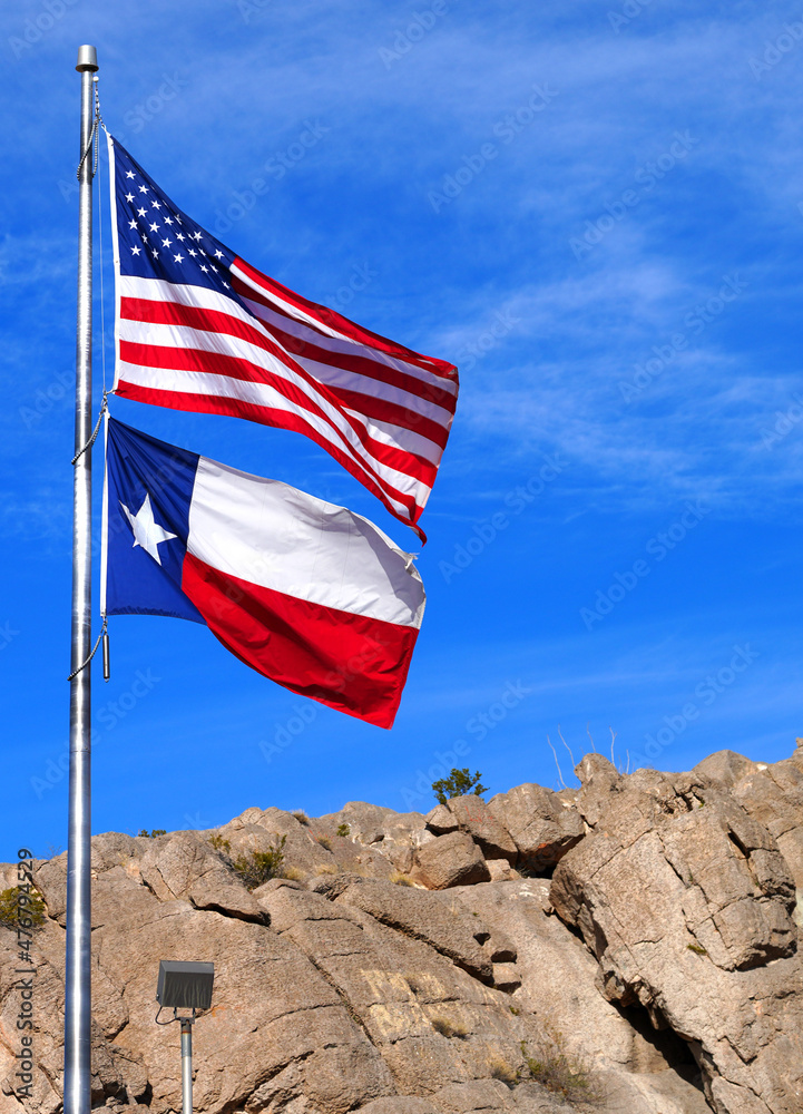Flags of the USA and Texas flying on a mast foto de Stock | Adobe Stock