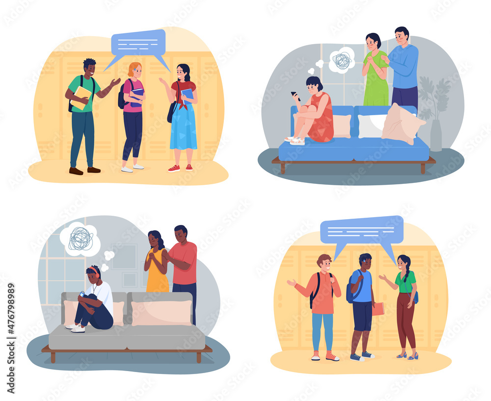 Teenager with social anxiety 2D vector isolated illustrations set ...