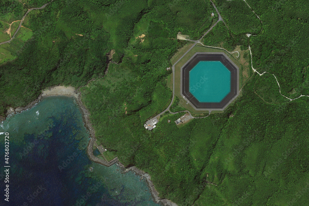 Pumped storage hydropower plant, upper reservoir and lower reservoir ...