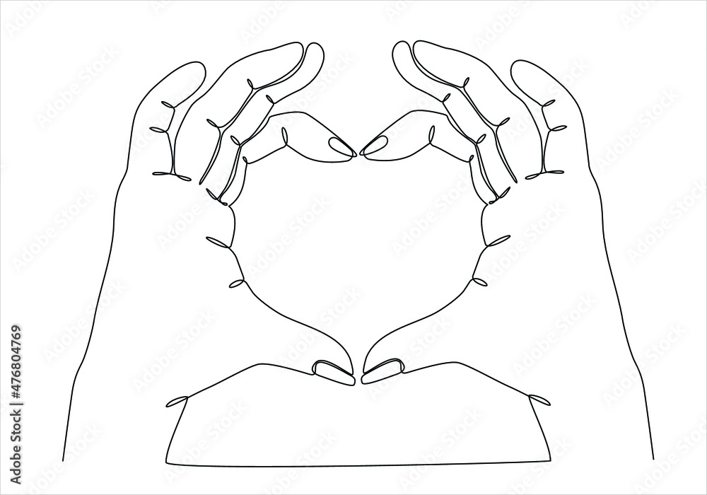 Single one line drawing hands making sign or symbol heart by fingers ...