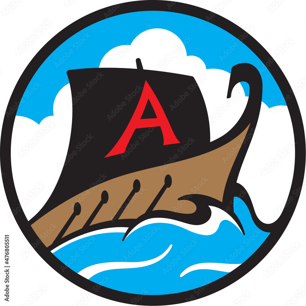 Historic ship vector logo or icon design with oars and sail. Vector ...