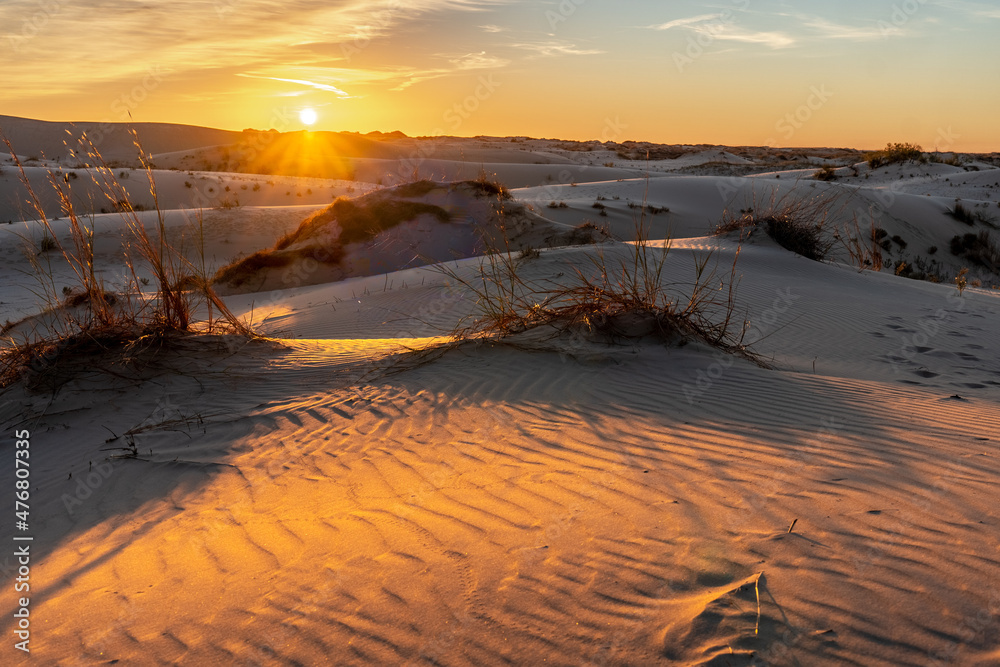 Hills of sand dunes at sunrise with small mounds of grass and high ...