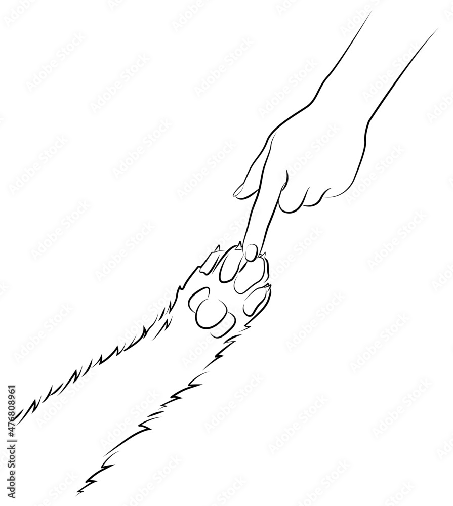 Human hand and paw of a puppy. Friendship and loyalty. Sketch for ...