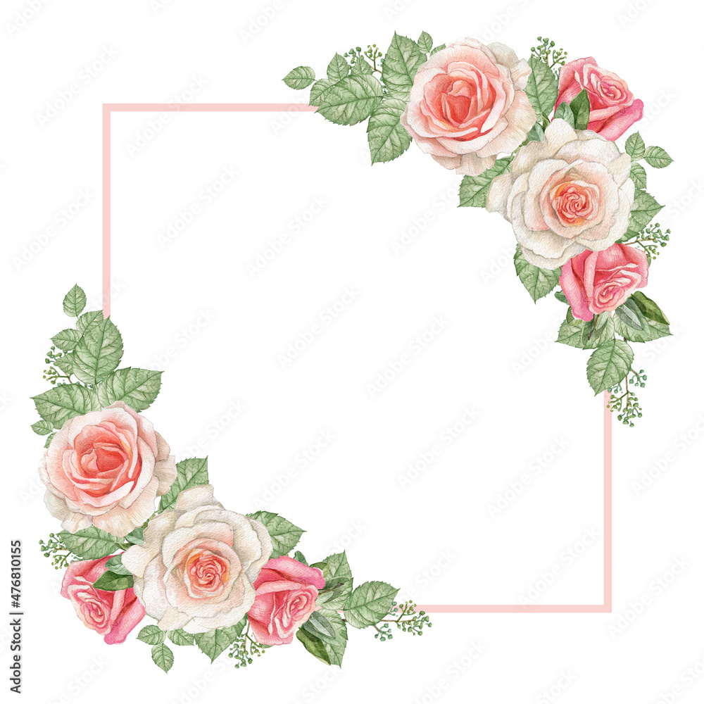 Watercolor dusty rose frame, pink blush flower border, wedding ...