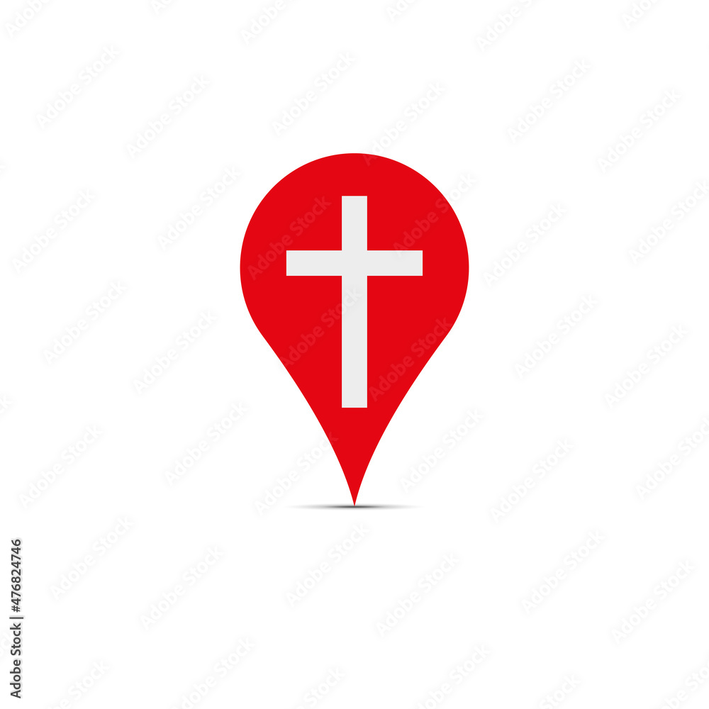 Local church near you. Red location map pin. Flat isolated Christian ...
