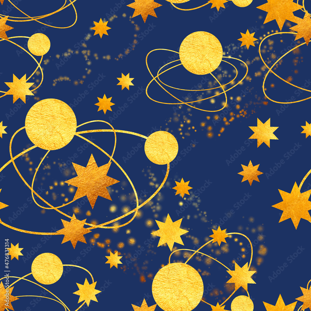 Gold stars and planets in orbit on a blue background, space, seamless ...