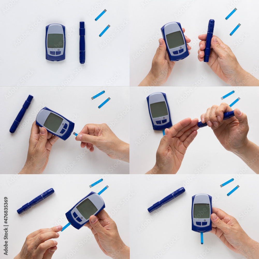 Collage of pictures showing process using glucometer: glucose meter ...