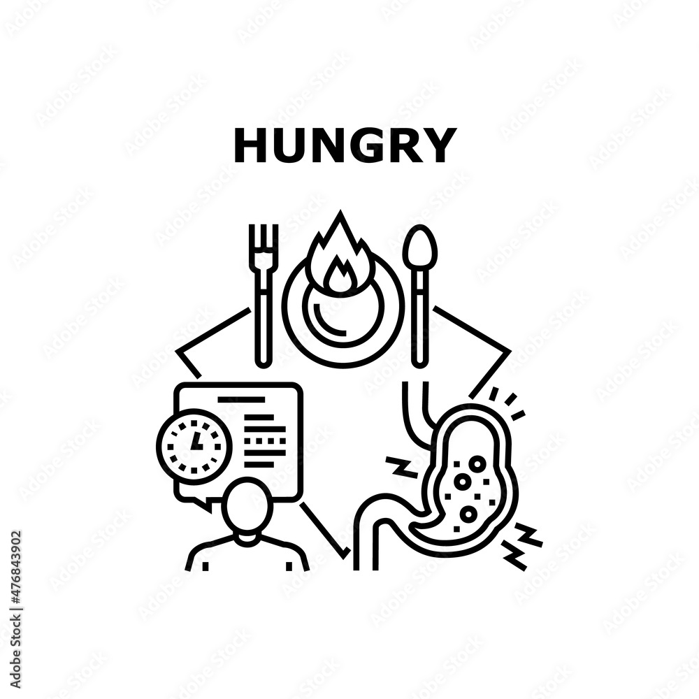 Hungry food stomach. Hunger person. Stomachache. Meal dream vector ...
