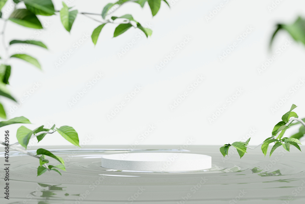 Cosmetic display product podium with water reflection and tree branch ...