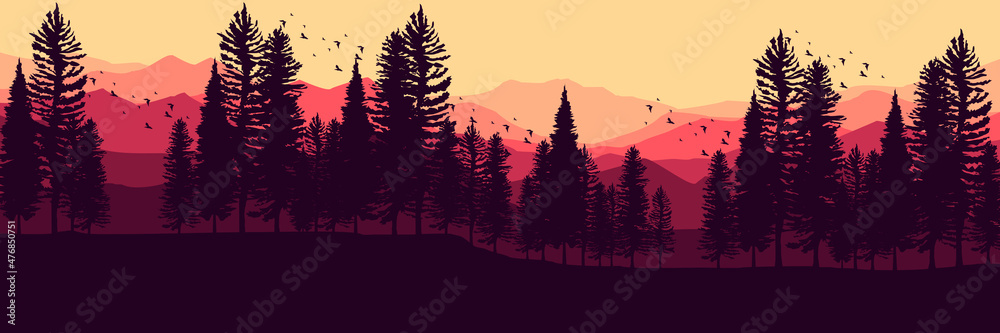 sunrise forest landscape mountain scenery vector illustration for ...