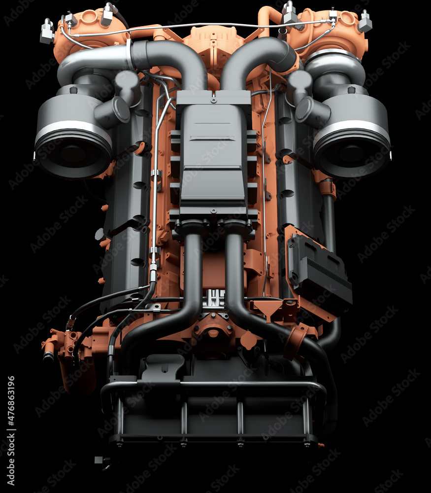 Turbodiesel engine on a dark background. A powerful orange twin-turbo ...