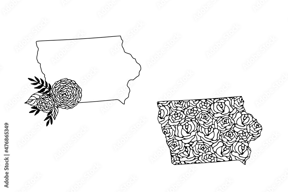 Political divisions of the US. State Iowa. Floral map outlines on white ...