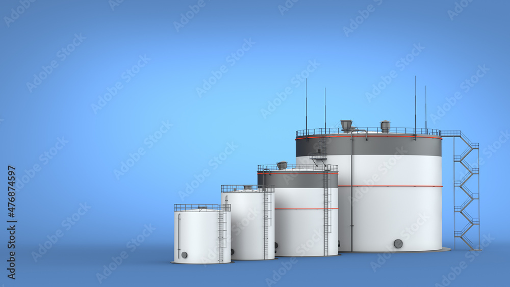 Oil tanks on a blue background with copy space. Oil storage. Four ...