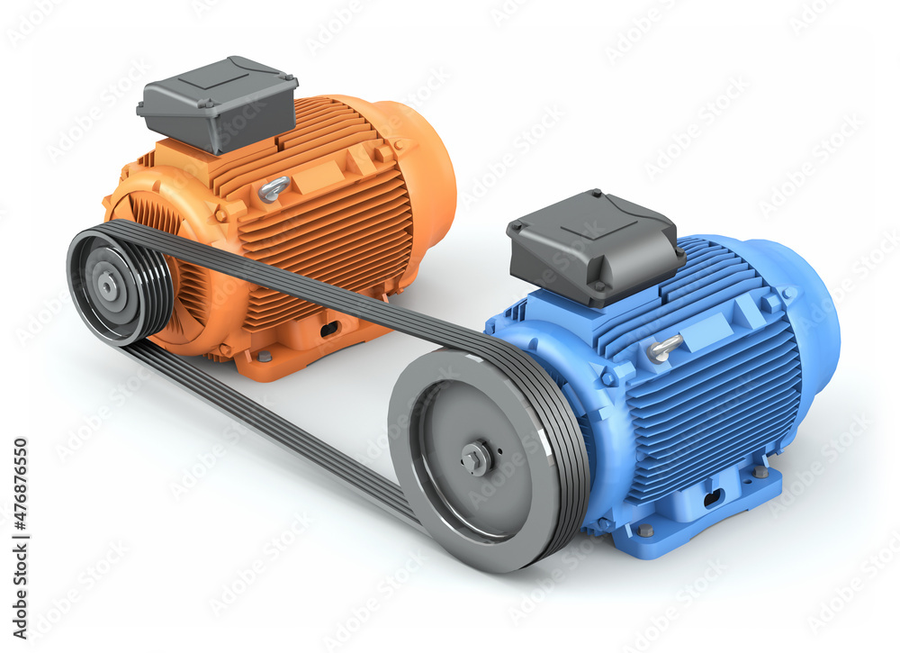Electric motors with pulleys connected by a belt drive on a white ...