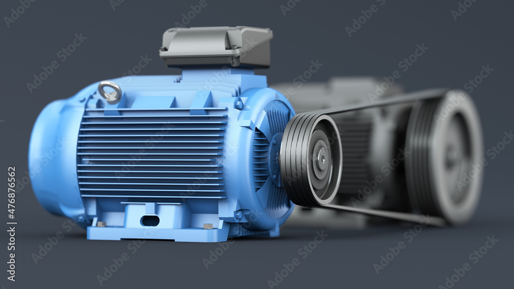 Electric motors connected by a belt drive on a dark background. Close ...
