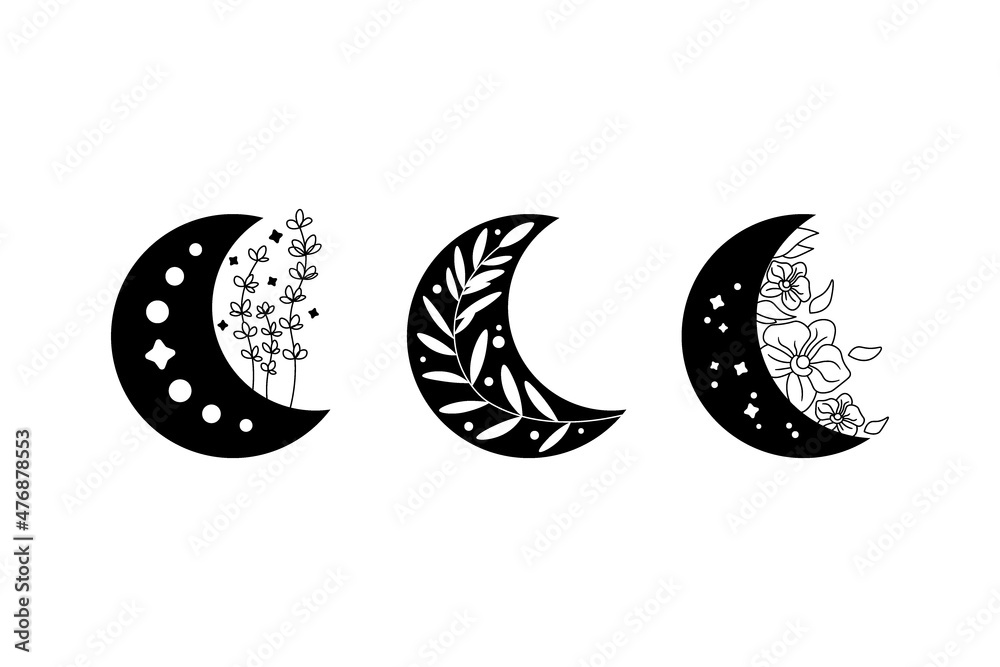 Black and white floral boho moon collection. Mystical vector ...