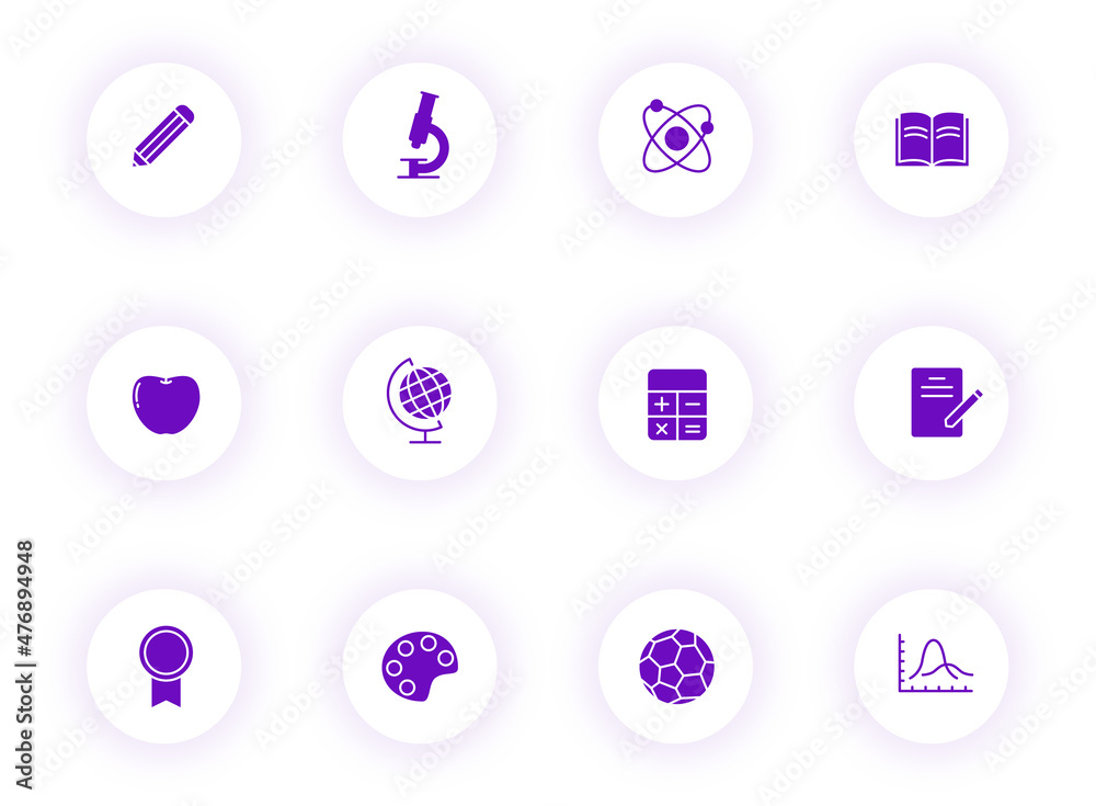 education purple color vector icons on light round buttons with purple ...