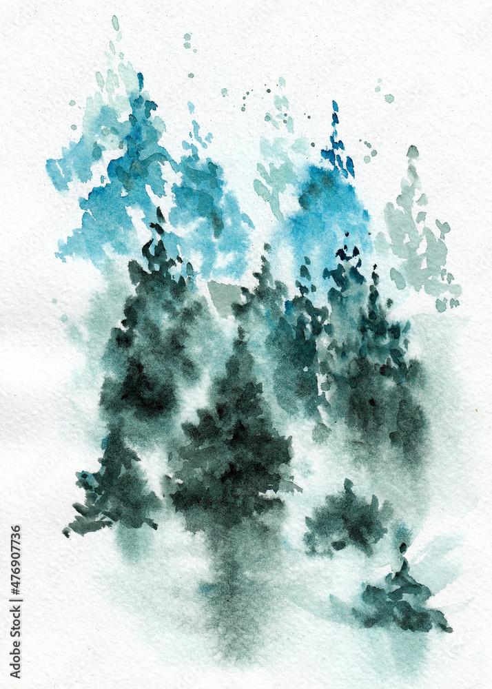 Stylized forest landscape with firs and fog. Hand drawn watercolors on ...