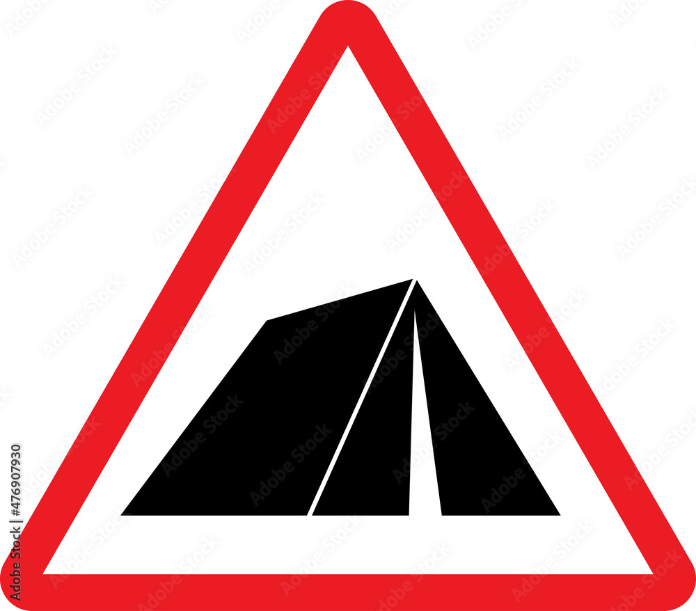 Camping prohibited sign. Red triangle background. Road signs and ...
