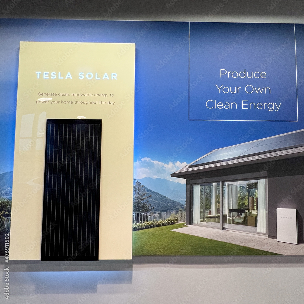 The Tesla Powerwall and Solar Sign at the entrance of the Tesla ...