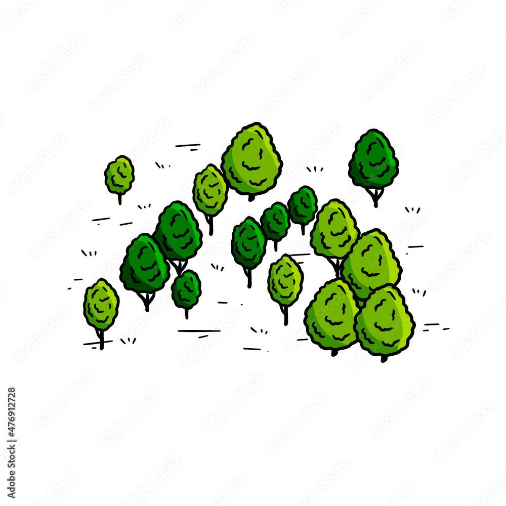 Trees for map. Hand drawn Green forest. Sketch park area. Outline ...