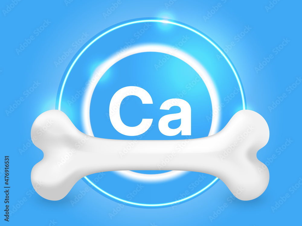 High Calcium placard, poster, banner. 3d realistic white bone on blue ...
