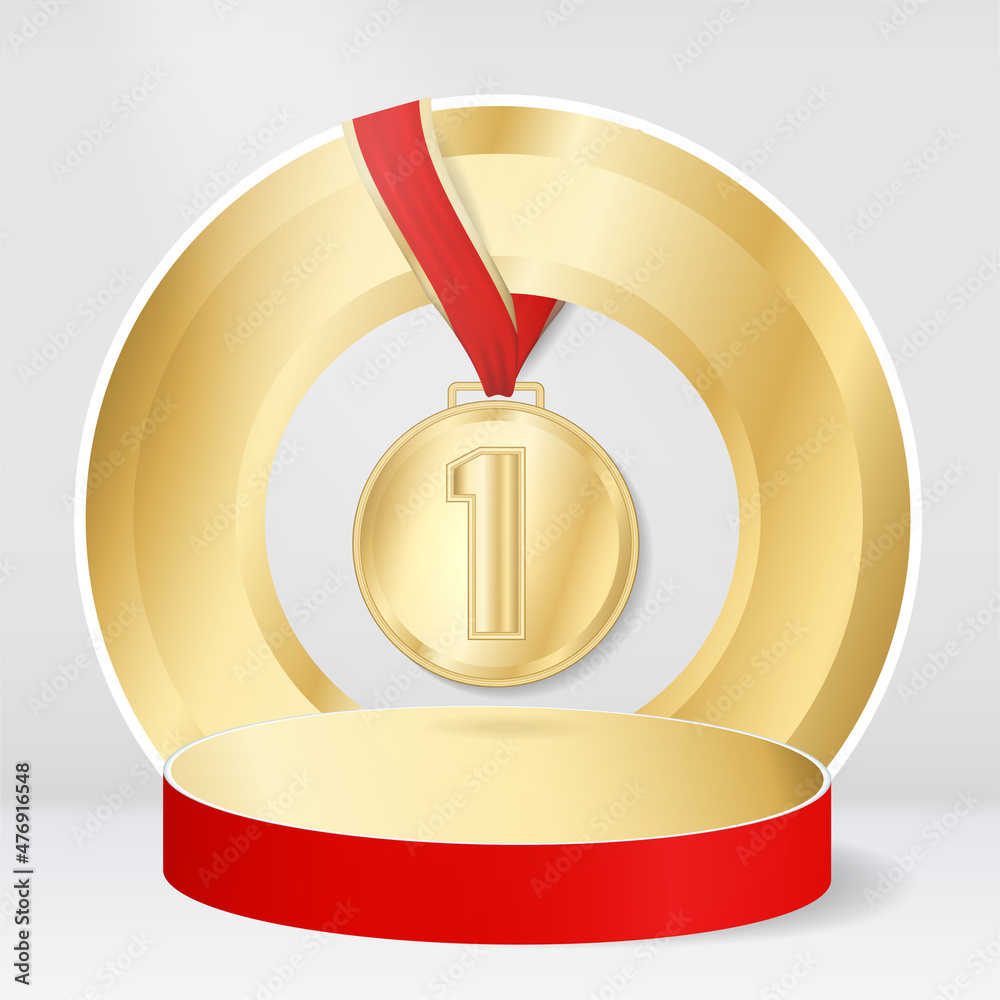 First place winner podium with gold medal on red ribbon. Realistic 3D ...