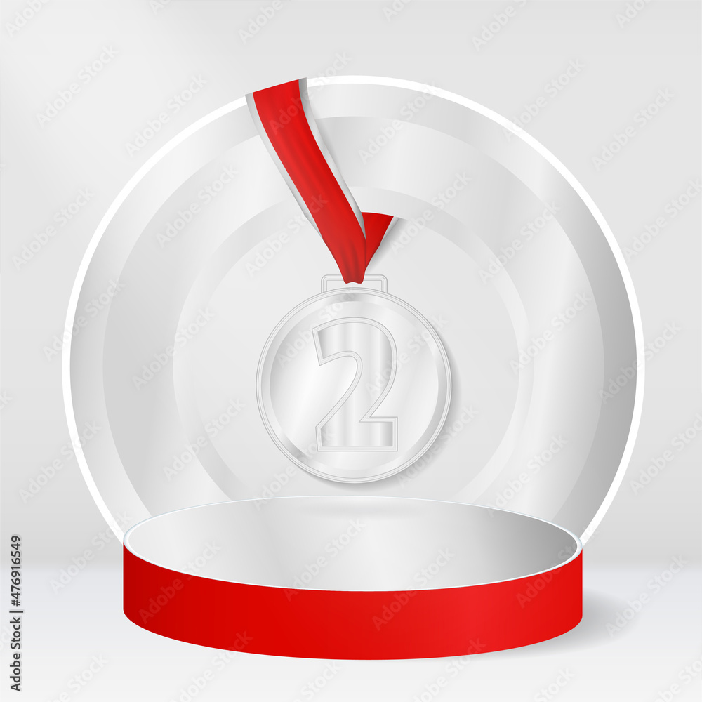 Second place winner podium with silver medal on red ribbon. Realistic ...