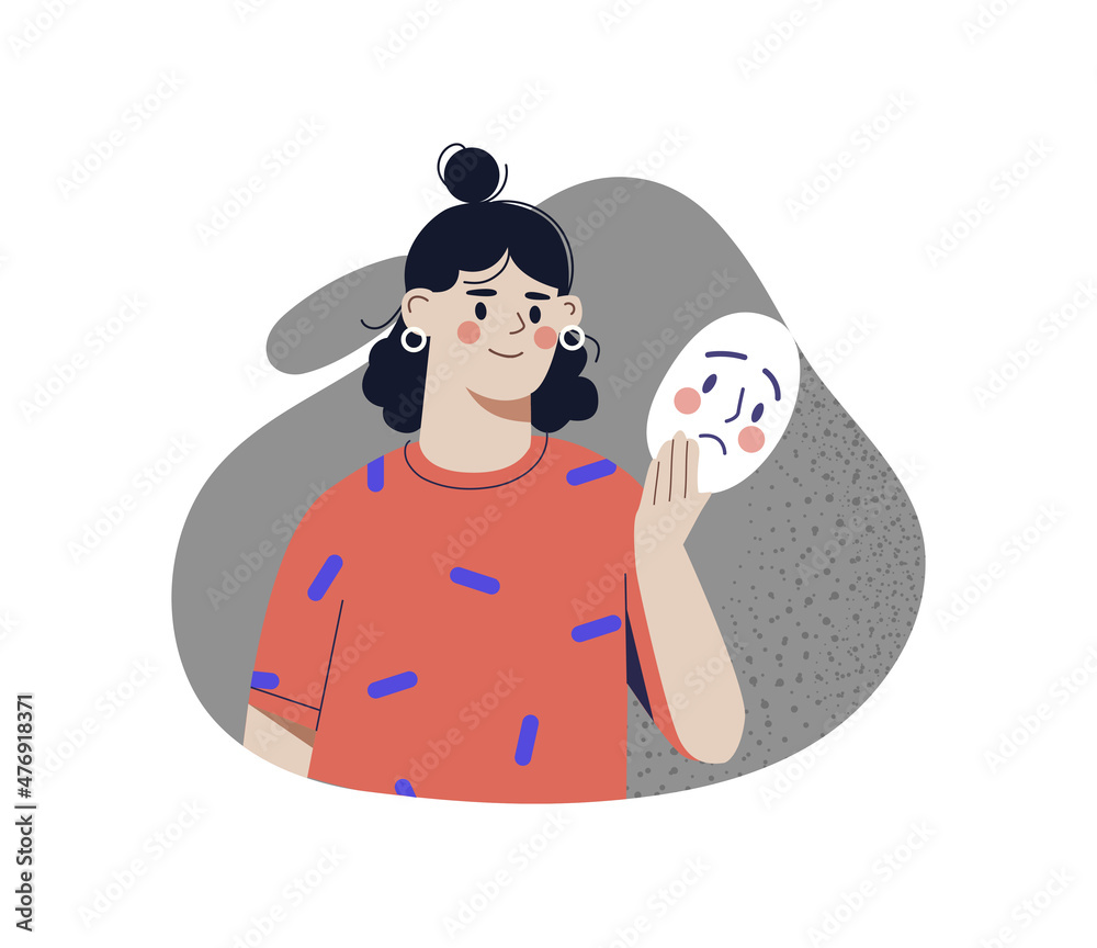 Girl with mask. Metaphor of pretense. Character wants to appear ...