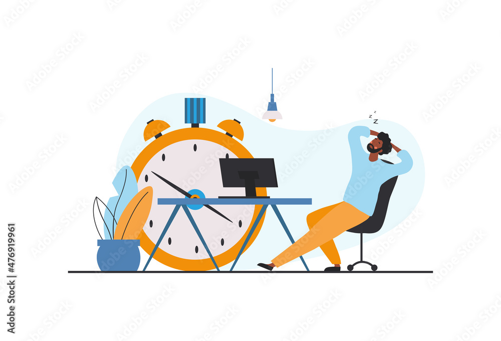 Man delay tasks. Guy sits on background of clock, metaphor of ...