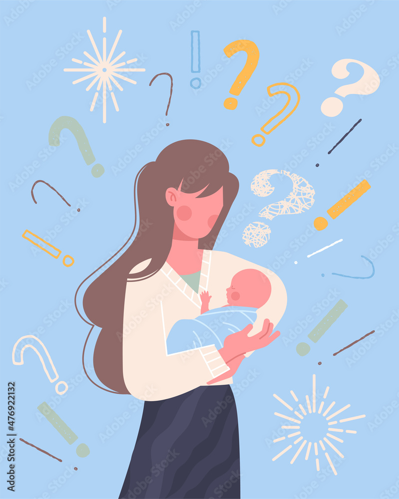 Mom with baby. Girl holding newborn baby in her arms, surrounded by ...