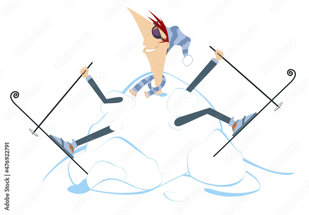 Cartoon skier and a big snowdrift illustration. Cartoon skier appears ...