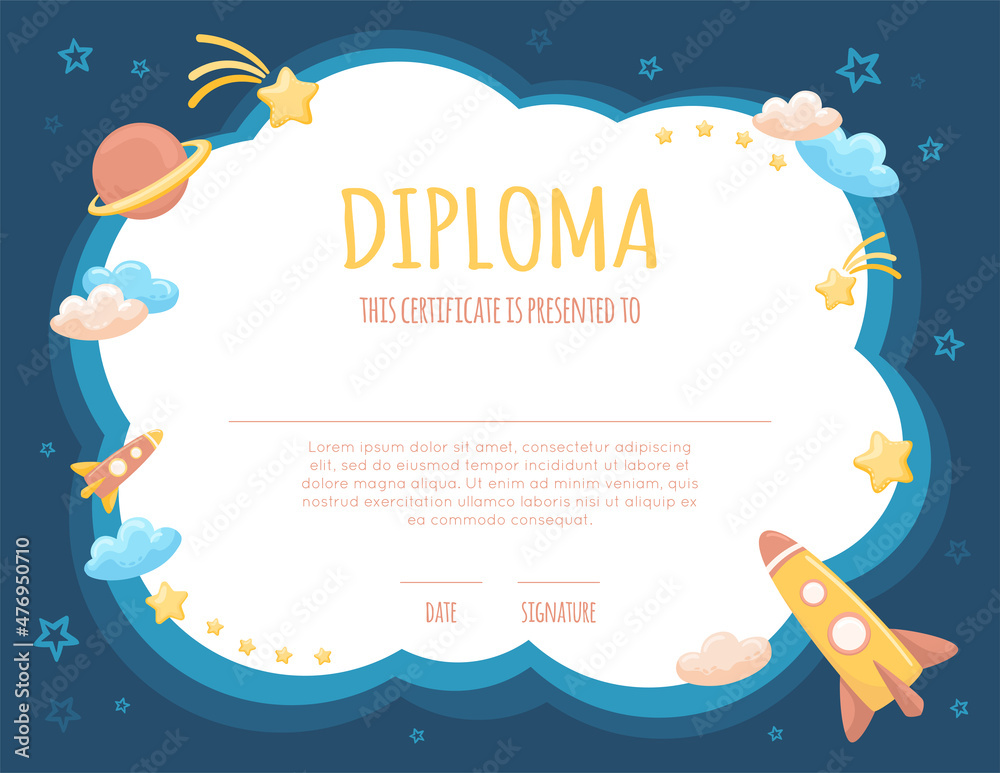 Diploma for kids with space, rocket, stars, clouds and planet. School ...