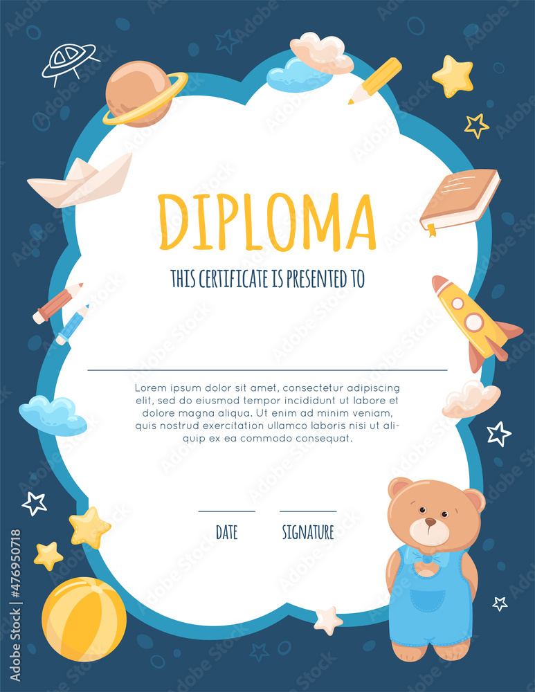 Diploma for kids with space, cute teddy bear and his toys. School ...