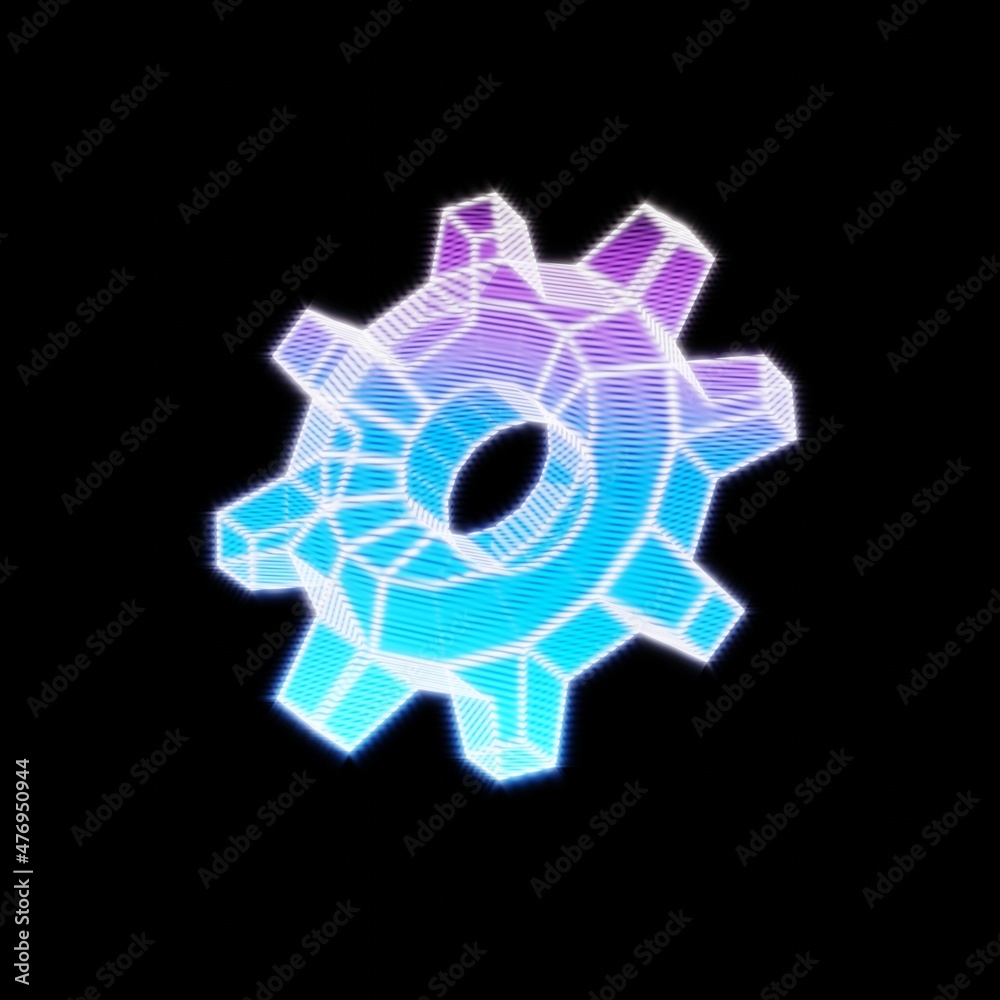 colorful neon glowing application 3d icon in dark background. gear and ...
