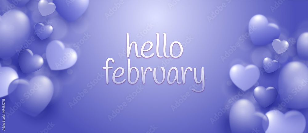 Realistic hello February banner template with flying hearts balloons in ...