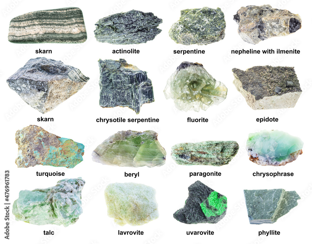 set of various rough green minerals with names Stock Photo | Adobe Stock