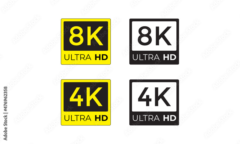 8K and 4K Ultra HD video resolution vector icon logo set isolated on ...