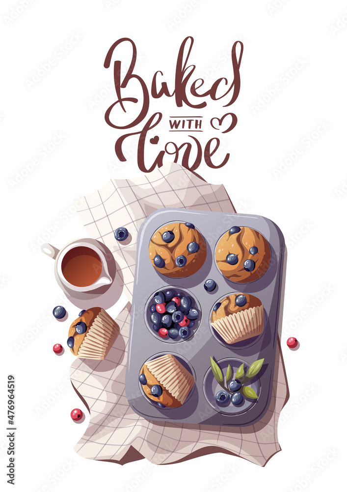 Baked with love card design with muffins. Baking, bakery shop, cooking ...