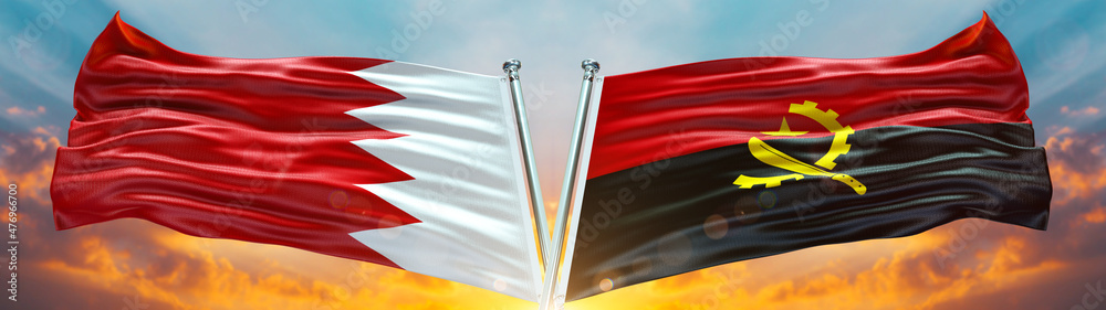 Bahrain flag and Angola Flag waving with texture sky Cloud and sunset ...