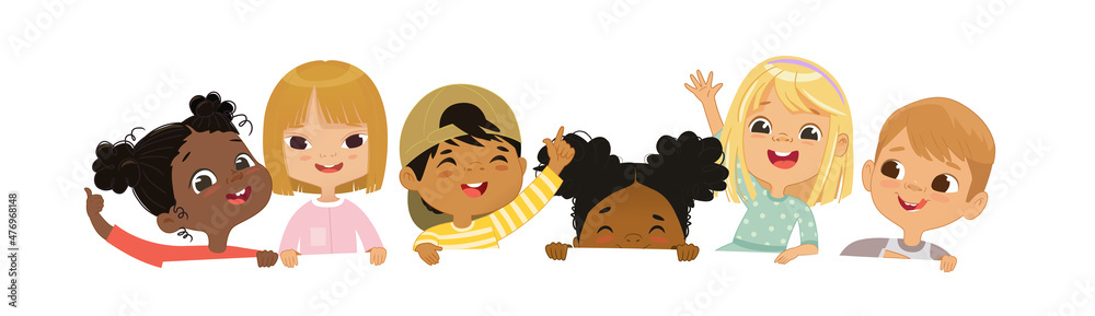 Happy multicultural children hold a blank poster. Template for ...