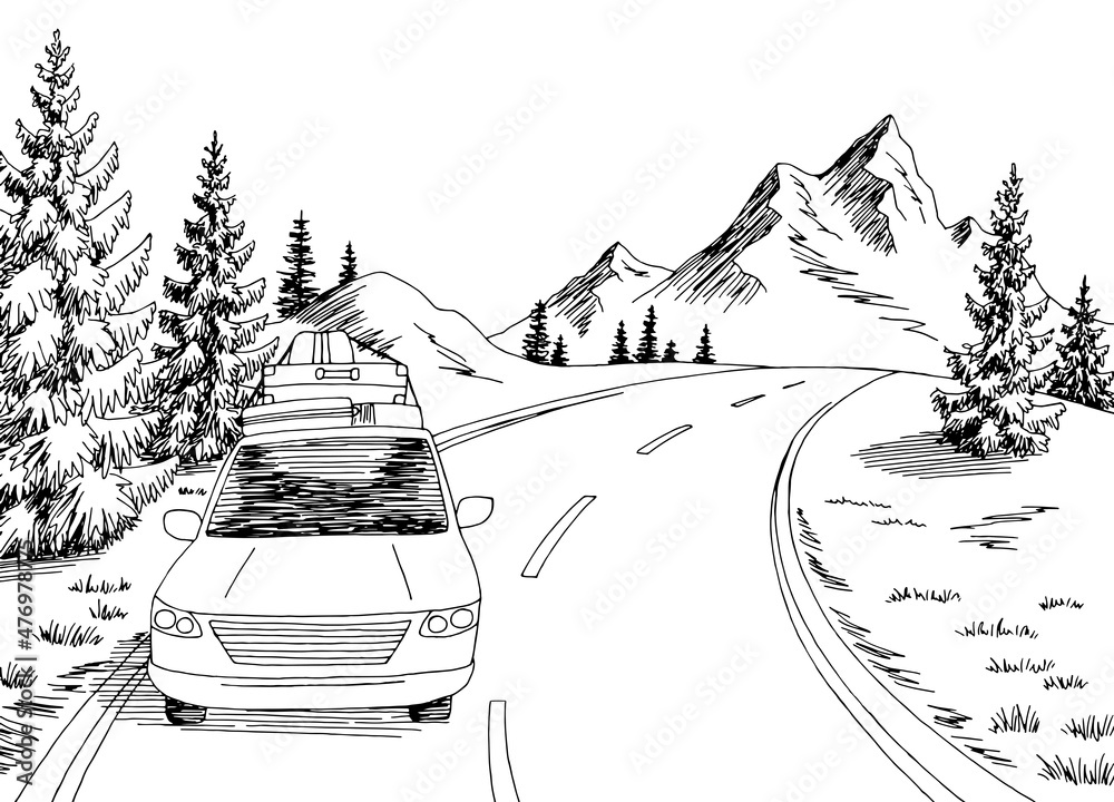 Car travel road graphic black white landscape sketch illustration ...
