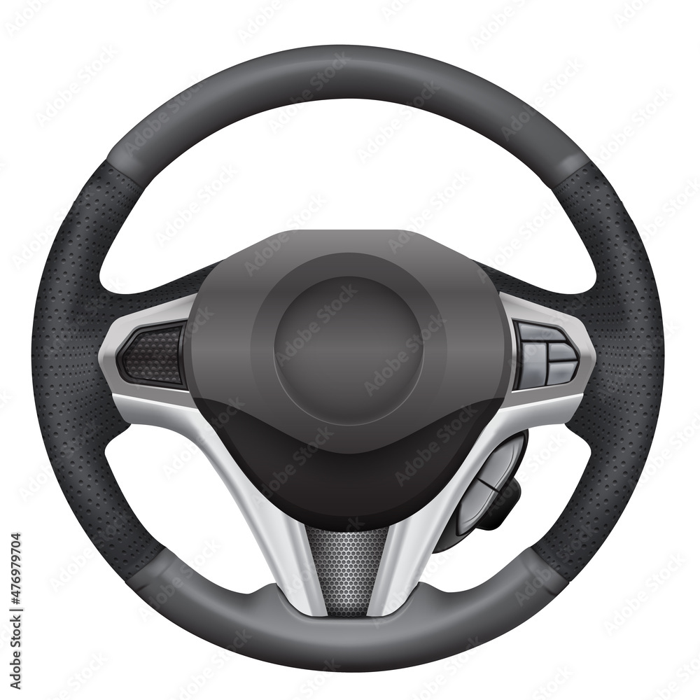 Realistic car steering wheel automobile multi function on white ...