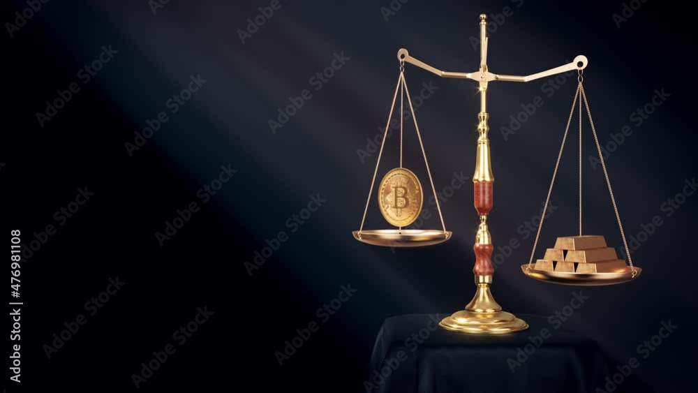 Hanging Balance Scale with a cryptocurrency and golden bars. Bitcoin vs ...