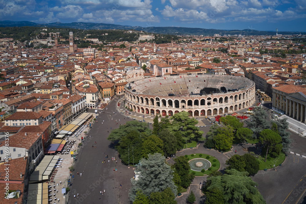 Verona, Italy aerial view of the historic city. Famous amphitheater in ...