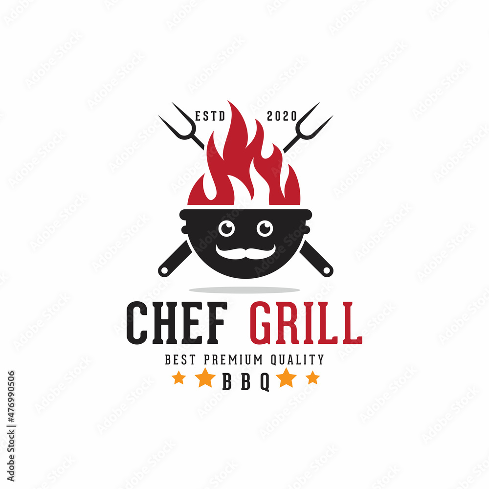 chef grill logo design, chef face in grill and fire fork spatula logo ...