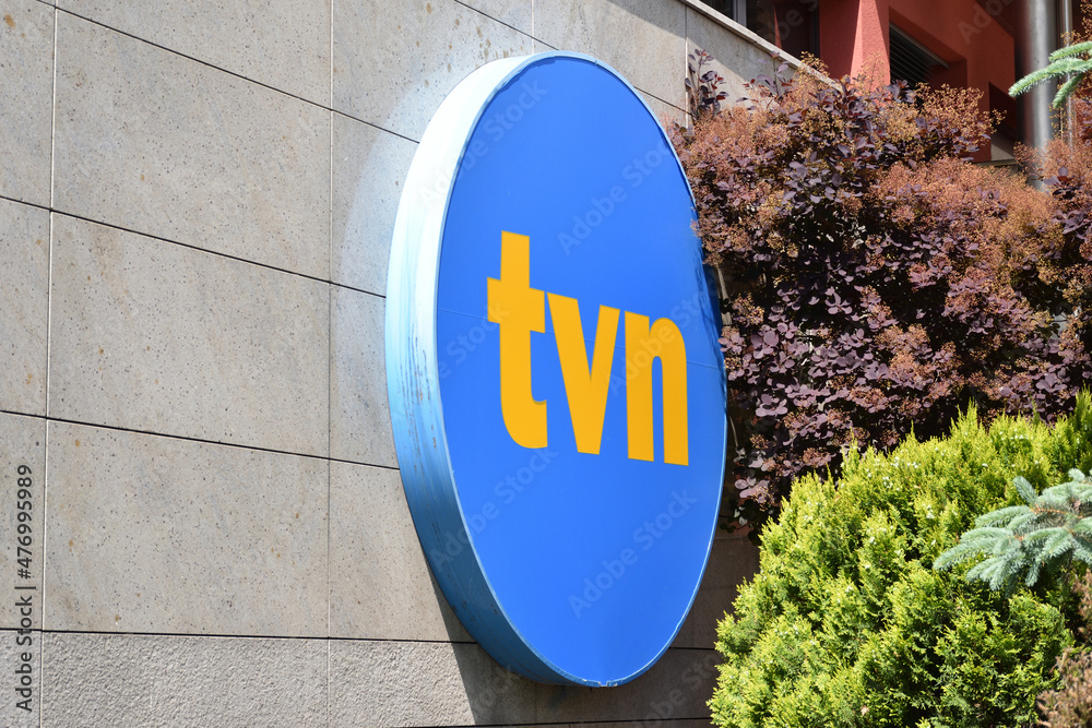 TVN Polish TV channel signage, symbol, emblem on the facade of the ...