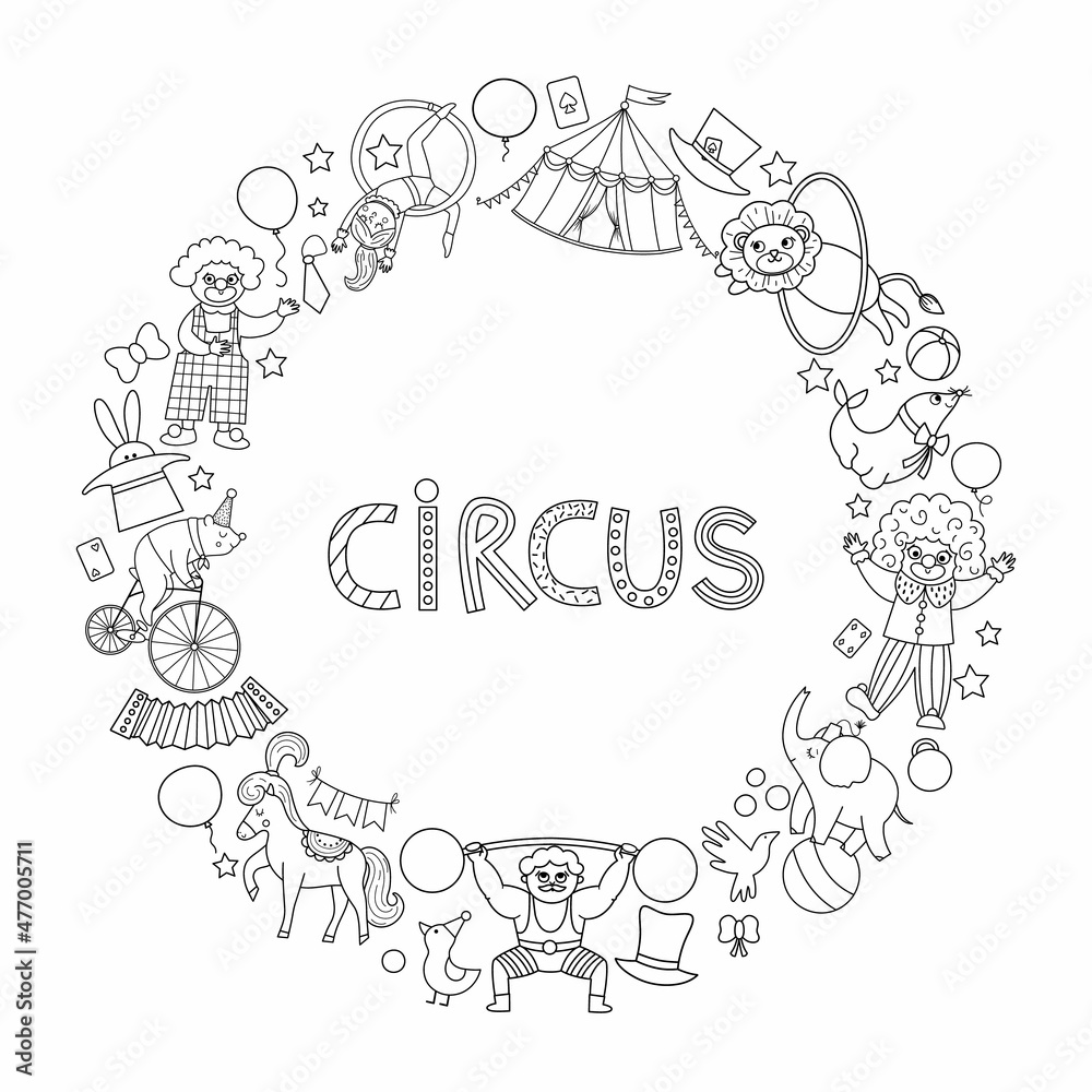 Vector black and white round frame border with circus characters ...