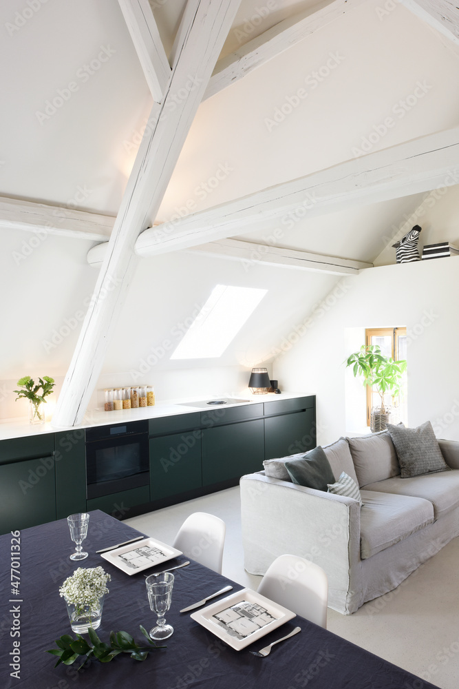 Architectural luminous interior design with visible beams Stock Photo ...