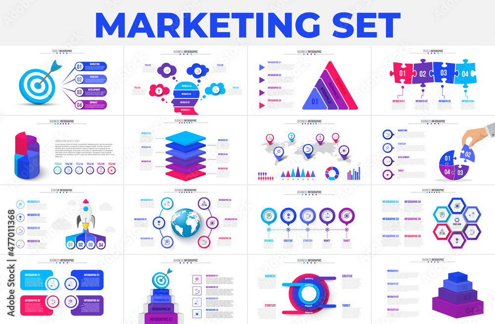 Set of infographic presentation slides. Puzzles, target, goal, rocket ...